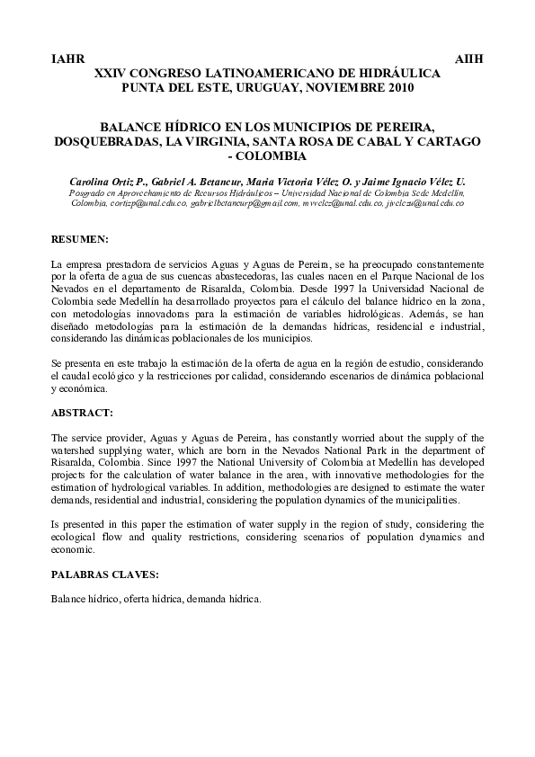 (PDF) Balance hídrico en los municipios de Pereira, Dosquebradas, La ...
