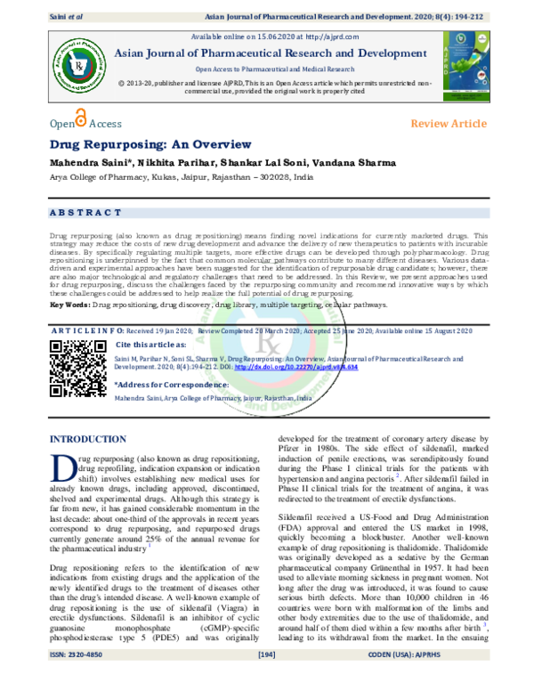 (PDF) Drug Repurposing: An Overview