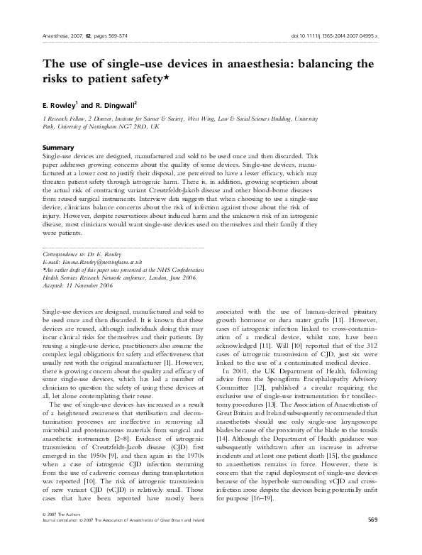 (PDF) The use of single-use devices in anaesthesia: balancing the risks to patient safety