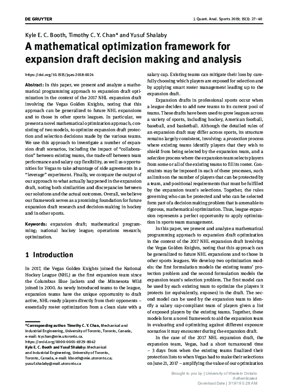 (PDF) A mathematical optimization framework for expansion draft decision making and analysis