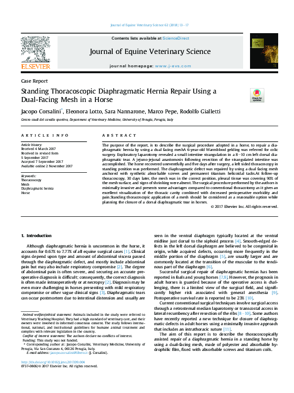 (PDF) Standing thoracoscopic diaphragmatic hernia repair in a horse by ...