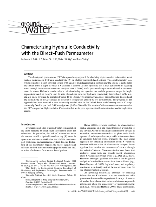 (PDF) Characterizing Hydraulic Conductivity with the Direct‐Push ...
