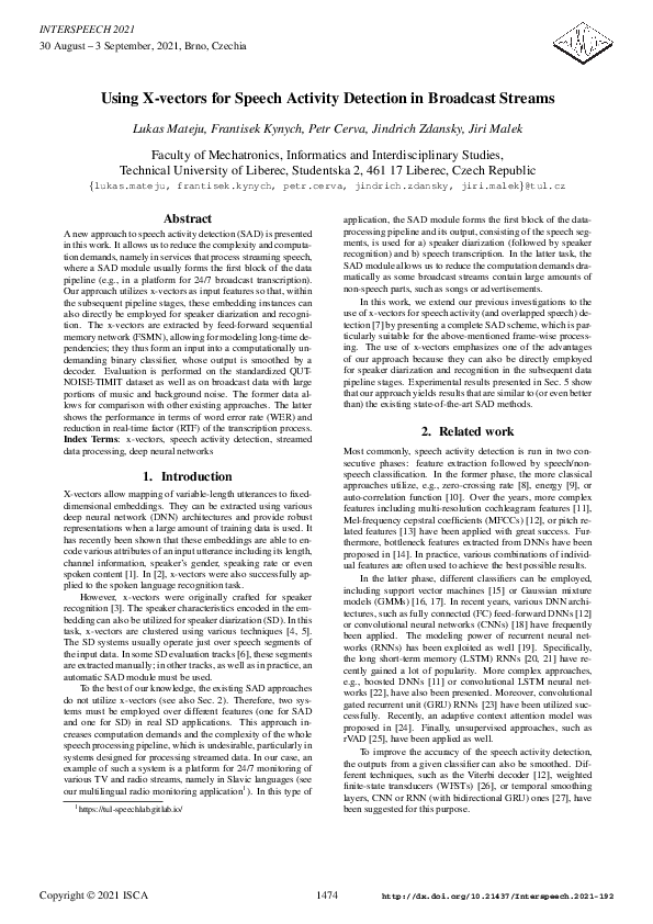 (PDF) Using X-Vectors for Speech Activity Detection in Broadcast Streams