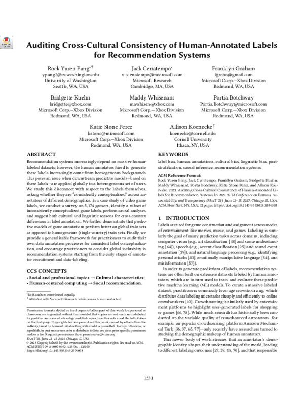 (PDF) Auditing Cross-Cultural Consistency of Human-Annotated Labels for Recommendation Systems