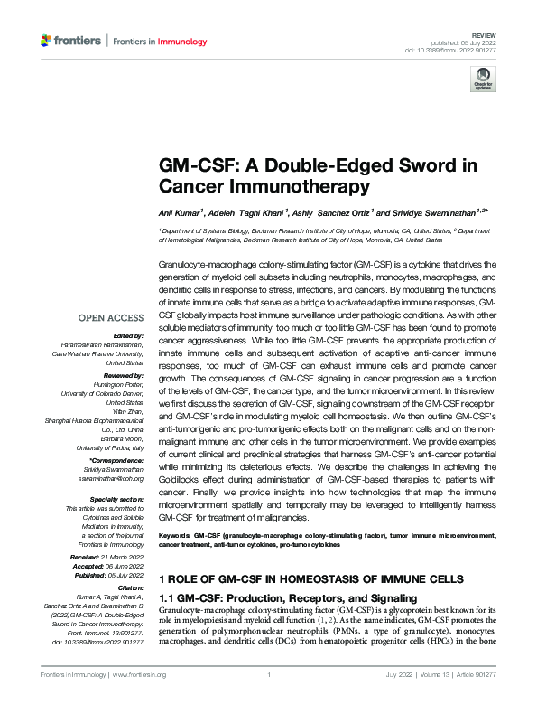 (PDF) GM-CSF: A Double-Edged Sword in Cancer Immunotherapy | Srividya ...
