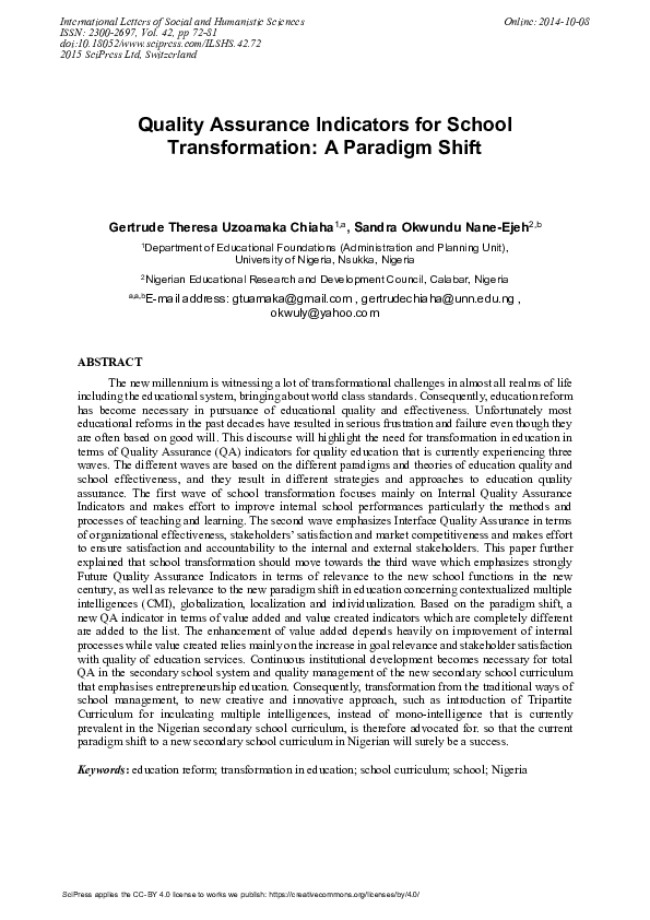 (PDF) Quality Assurance Indicators for School Transformation: A ...