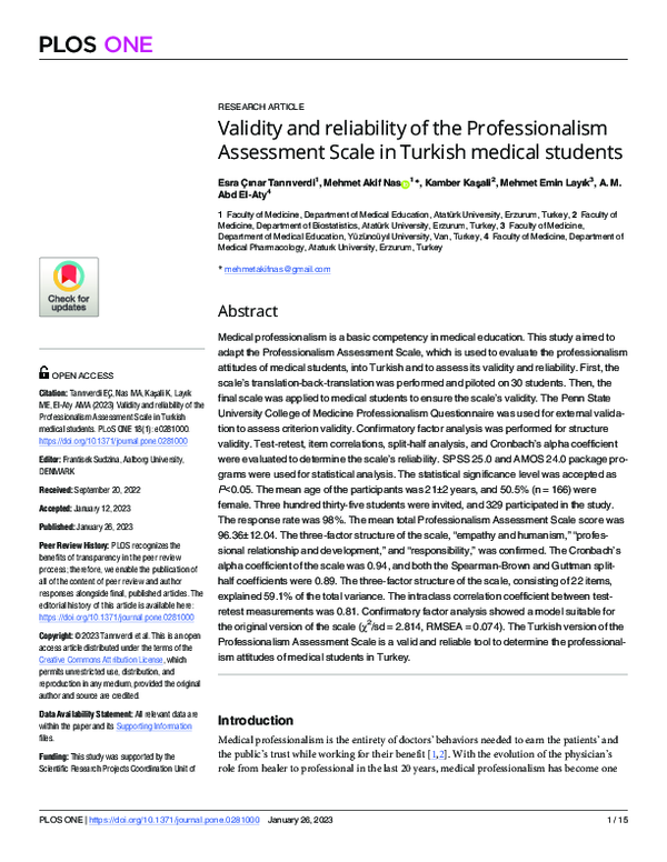 (PDF) Validity and reliability of the Professionalism Assessment Scale in Turkish medical ...