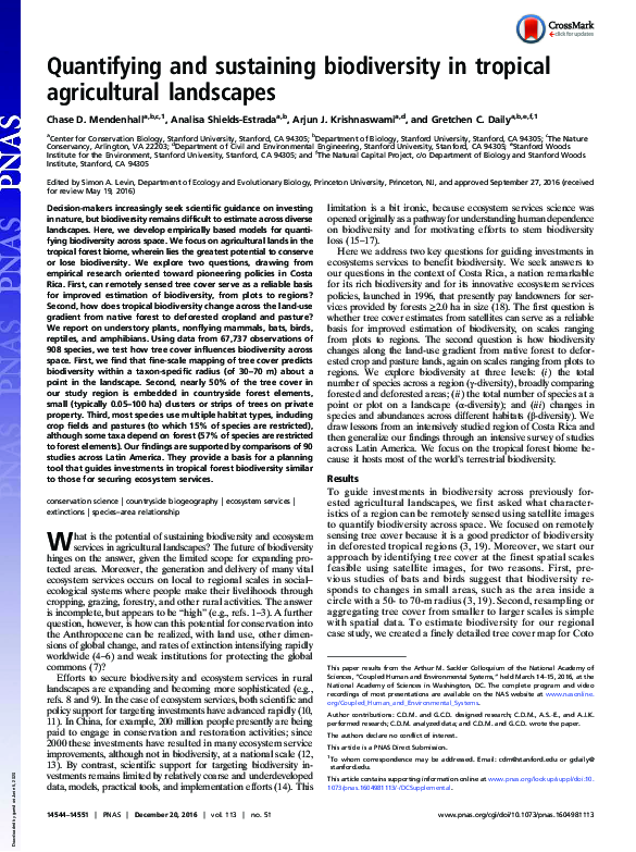 (PDF) Quantifying and sustaining biodiversity in tropical agricultural ...