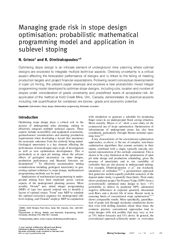 (PDF) Managing grade risk in stope design optimisation: probabilistic mathematical programming ...