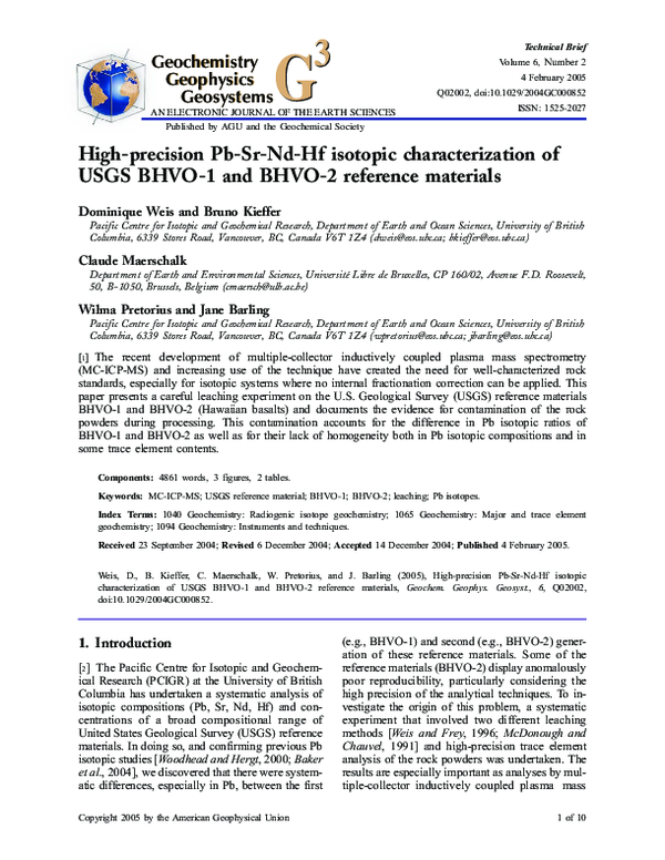 (PDF) High‐precision Pb‐Sr‐Nd‐Hf isotopic characterization of USGS BHVO‐1 and BHVO‐2 reference ...