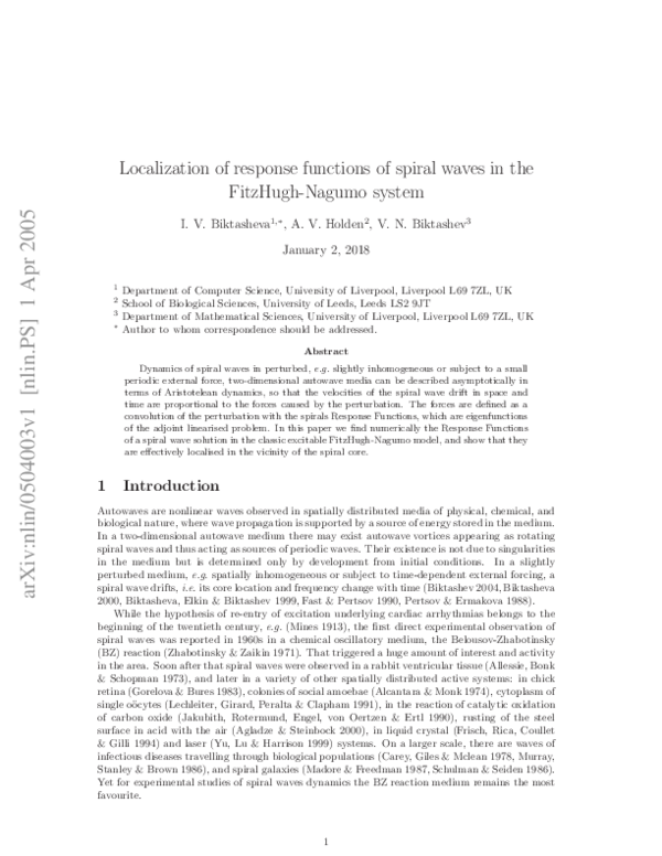 (PDF) Localization of Response Functions of Spiral Waves in the Fitzhugh–Nagumo System | Arun ...