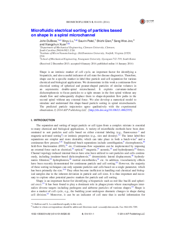 (PDF) Microfluidic electrical sorting of particles based on shape in a spiral microchannel