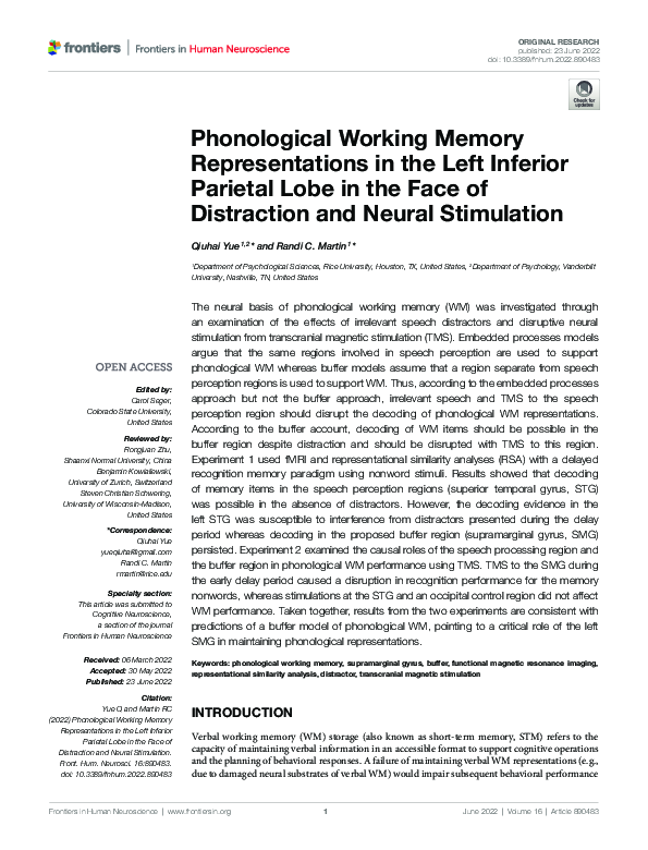 (PDF) Phonological Working Memory in the Left Parietal Lobe Under Distraction