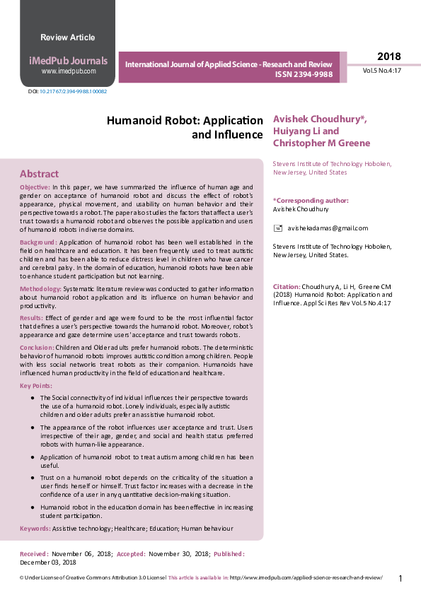 (PDF) Humanoid Robot: Application and Influence