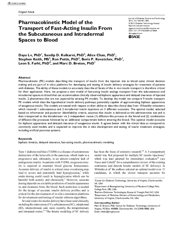 (PDF) Pharmacokinetic Model of the Transport of Fast-Acting Insulin ...