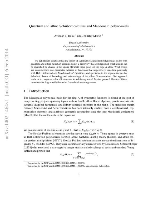 (PDF) Quantum and affine Schubert calculus and Macdonald polynomials