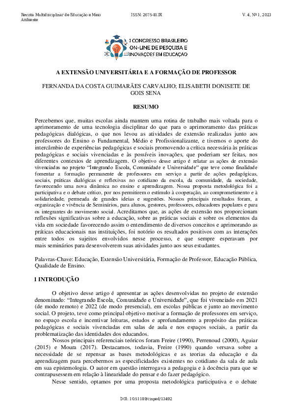 Pdf A Extensão Universitária E A Formação De Professor