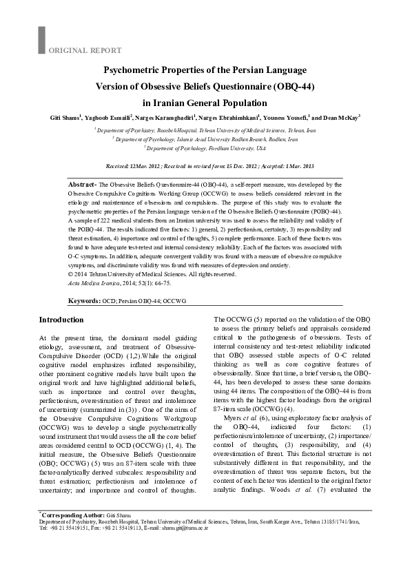 (PDF) ORIGINAL REPORT Psychometric Properties of the Persian Language Version of Obsessive ...