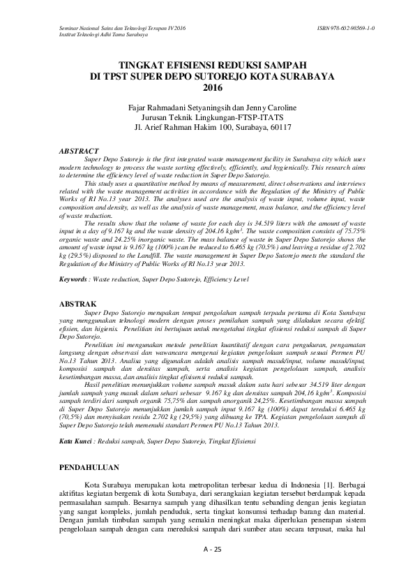 (PDF) Tingkat Efisiensi Reduksi Sampah DI TPST Super Depo Sutorejo Kota Surabaya 2016