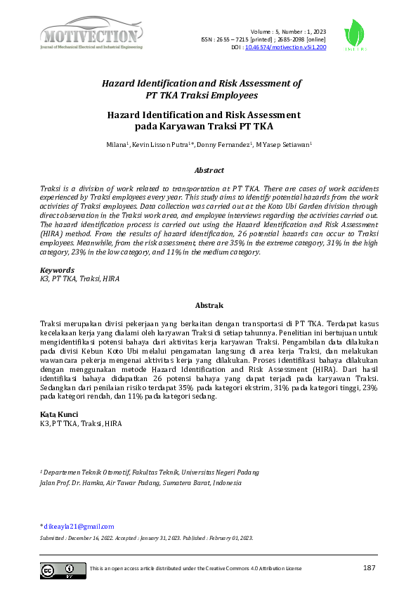 (PDF) Hazard Identification and Risk Assessment of PT TKA Traksi Employees