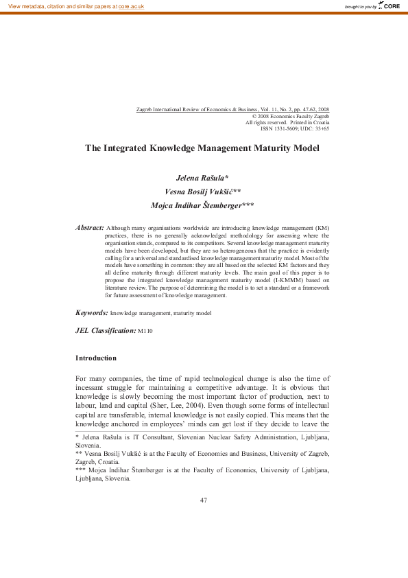 (PDF) The Integrated Knowledge Management Maturity Model