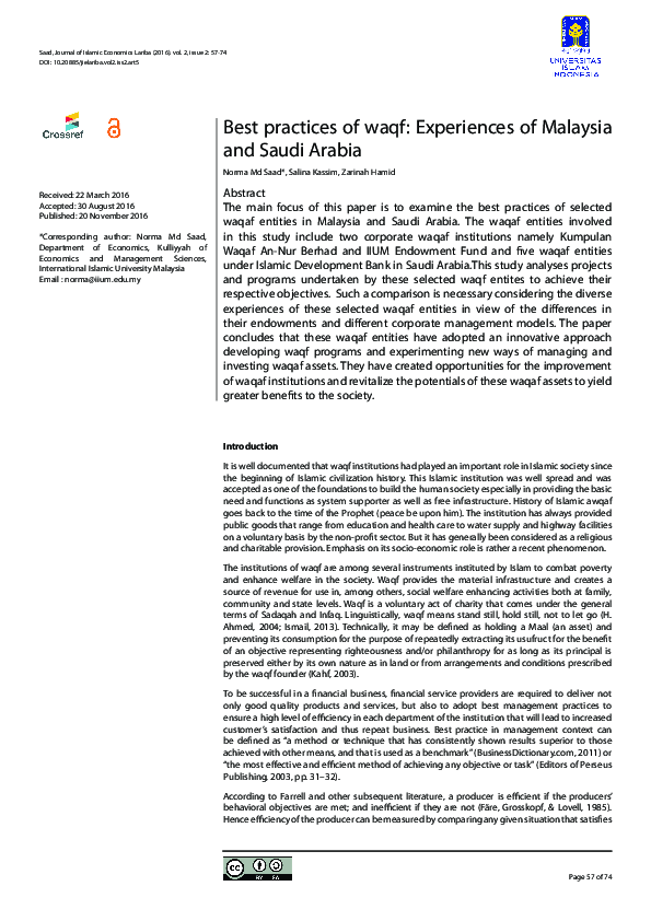 (PDF) Best practices of waqf: Experiences of Malaysia and Saudi Arabia