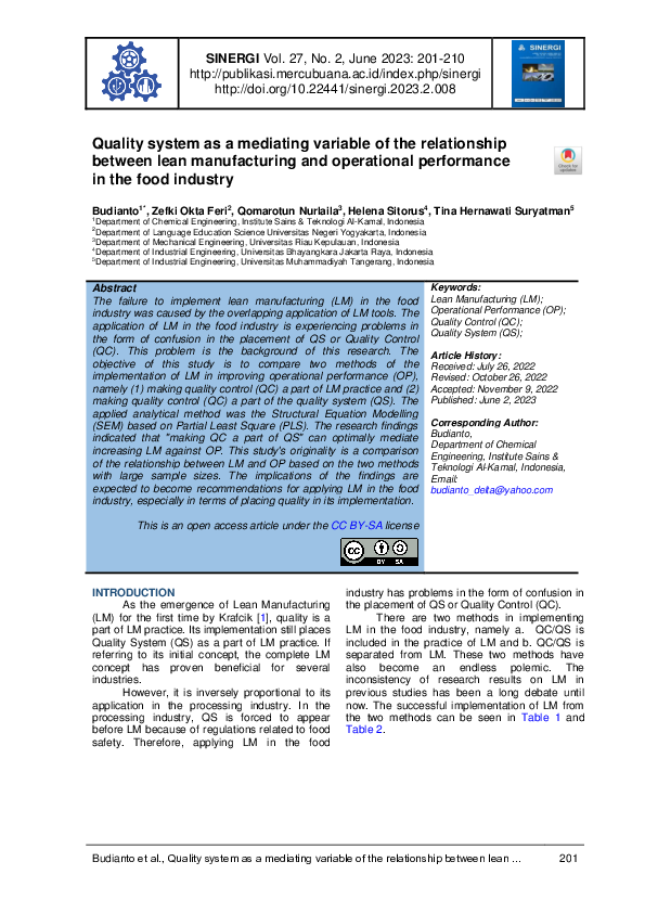 (PDF) Quality system as a mediating variable of the relationship between lean manufacturing and ...