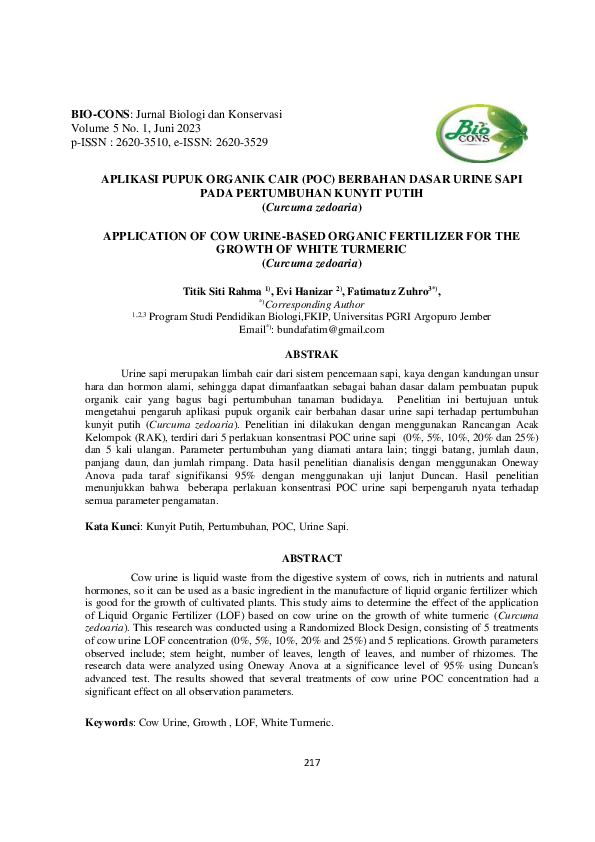 (PDF) Aplikasi Pupuk Organik Cair (POC) Berbahan Dasar Urine Sapi pada Pertumbuhan Kunyit Putih ...