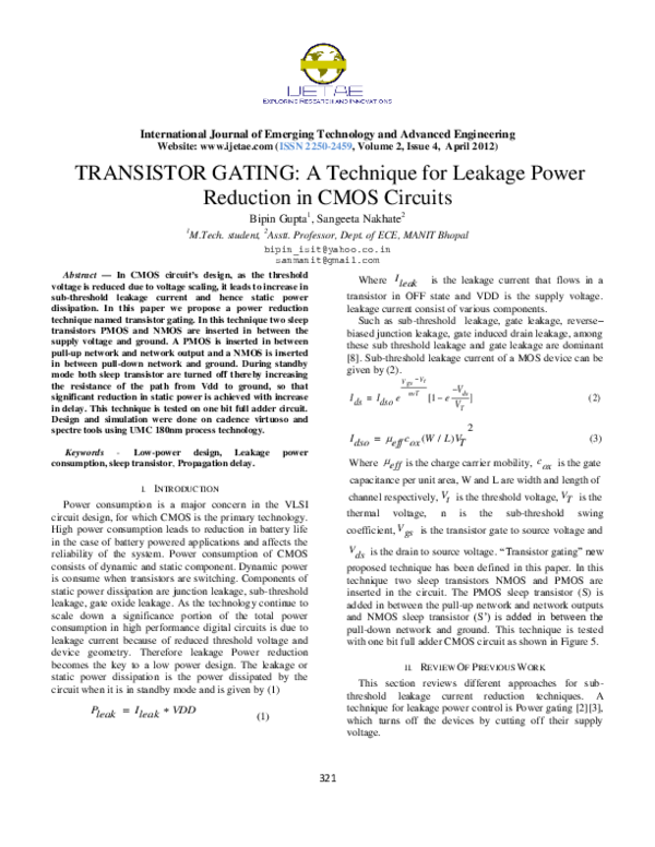 (PDF) TRANSISTOR GATING: A Technique for Leakage Power Reduction in ...