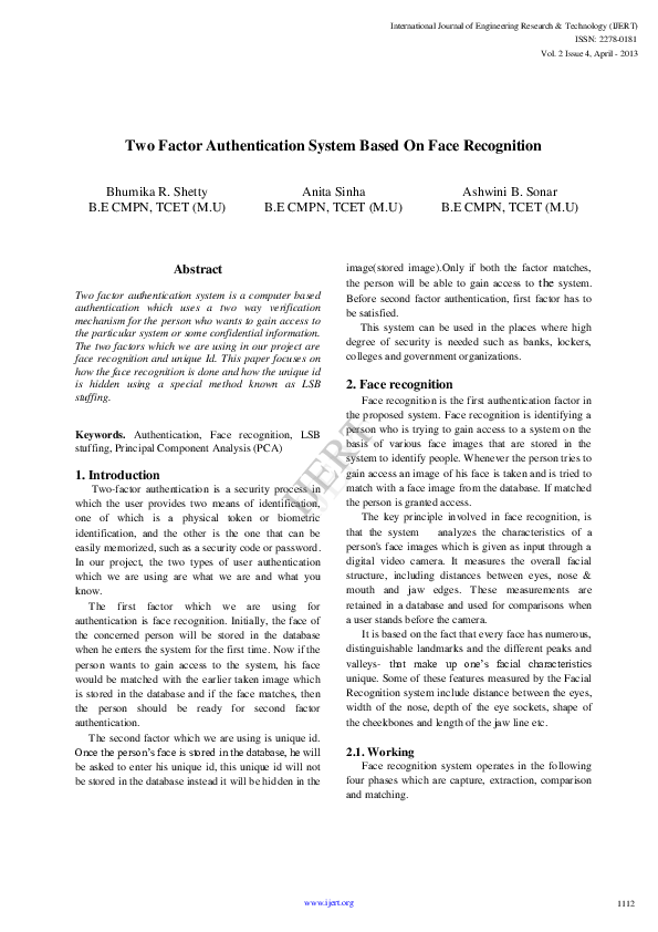 (PDF) Two Factor Authentication System Based On Face Recognition