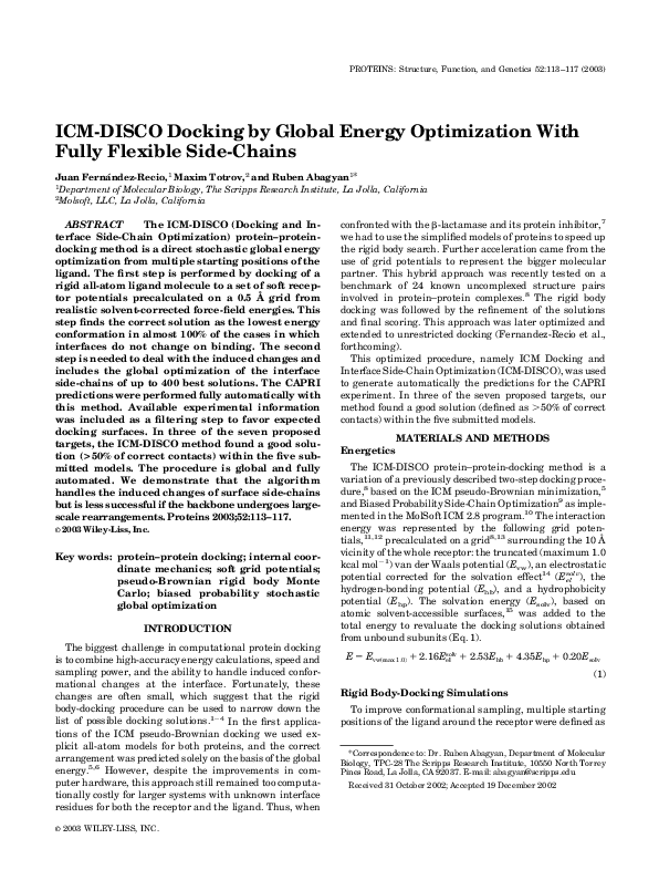(PDF) ICM-DISCO: Global Docking with Flexible Side-Chains