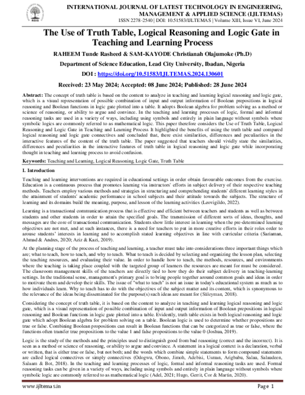 (PDF) -The Use of Truth Table, Logical Reasoning and Logic Gate in Teaching and Learning Process