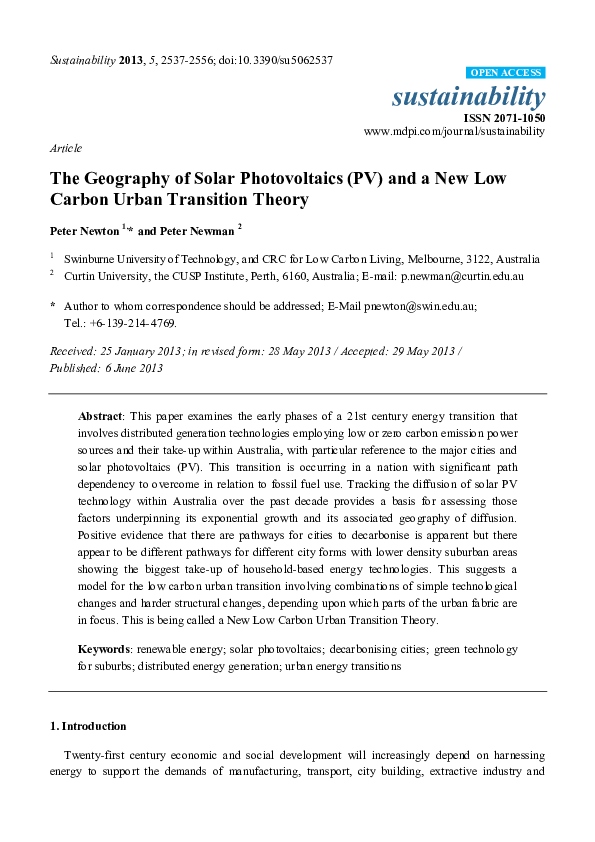 (PDF) The Geography of Solar Photovoltaics (PV) and a New Low Carbon ...