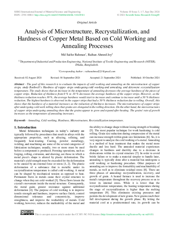 (PDF) Analysis of Microstructure, Recrystallization, and Hardness of Copper Metal Based on Cold ...