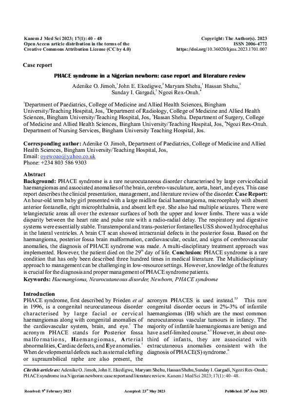 (PDF) PHACE syndrome in a Nigerian newborn: case report and literature ...