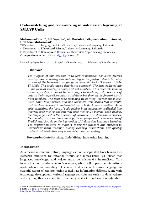(PDF) Code-switching and code-mixing in indonesian learning at SMA YP Unila