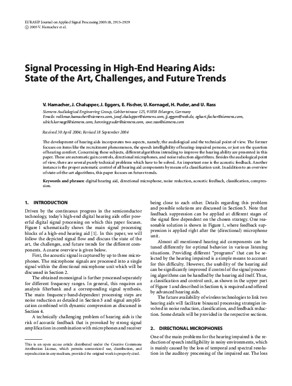 (PDF) Signal Processing in High-End Hearing Aids: State of the Art, Challenges, and Future Trends