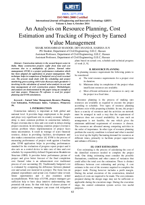 (PDF) An Analysis on Resource Planning, Cost Estimation and Tracking of Project by Earned Value ...