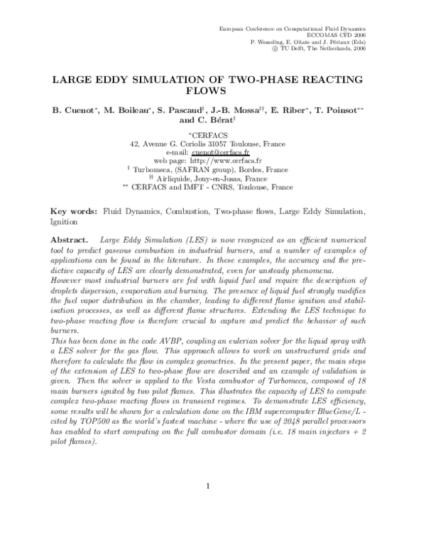 (PDF) Large Eddy Simulation of two-phase reacting flows | Bénédicte Cuenot - Academia.edu