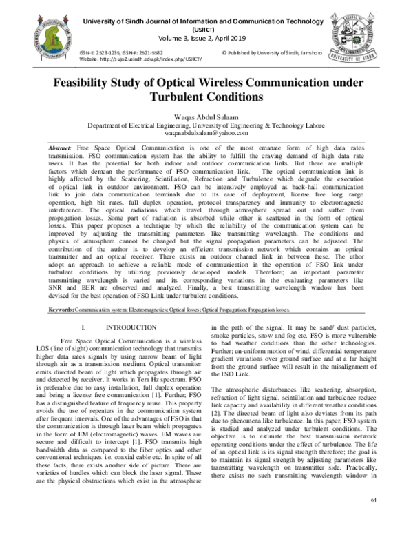 (PDF) A Feasibility Study of Optical Wireless Communication under Turbulent Conditions