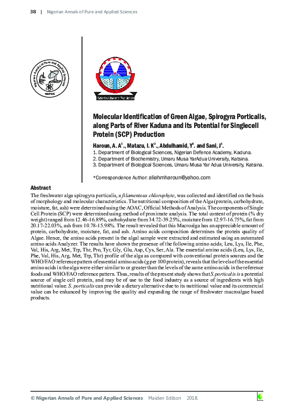 Molecular Identification of Green Algae, Spirogyra Porticalis, along ...