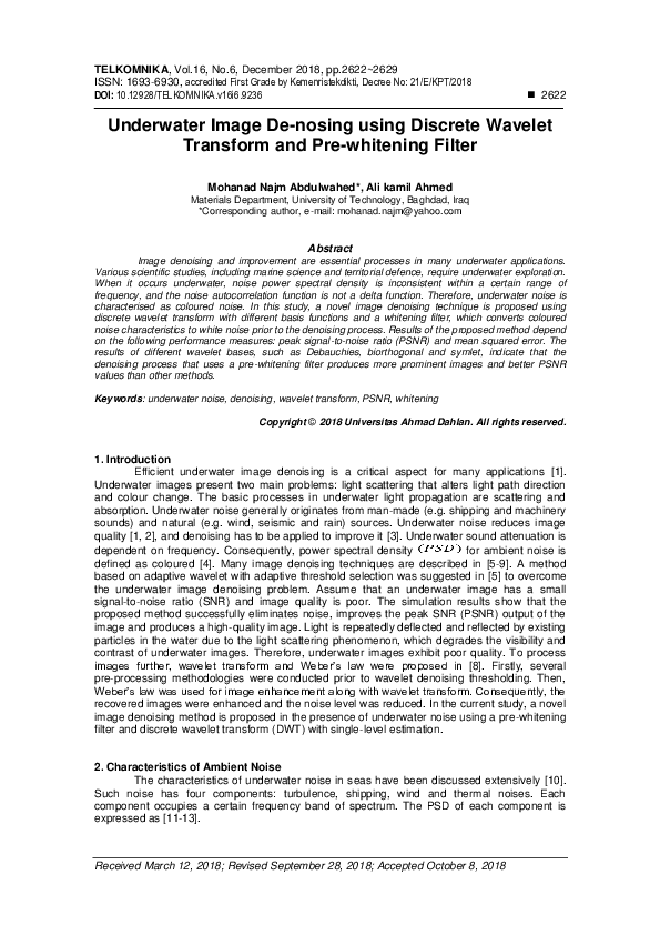 (PDF) Underwater Image De-nosing using Discrete Wavelet Transform and Pre-Whitening Filter