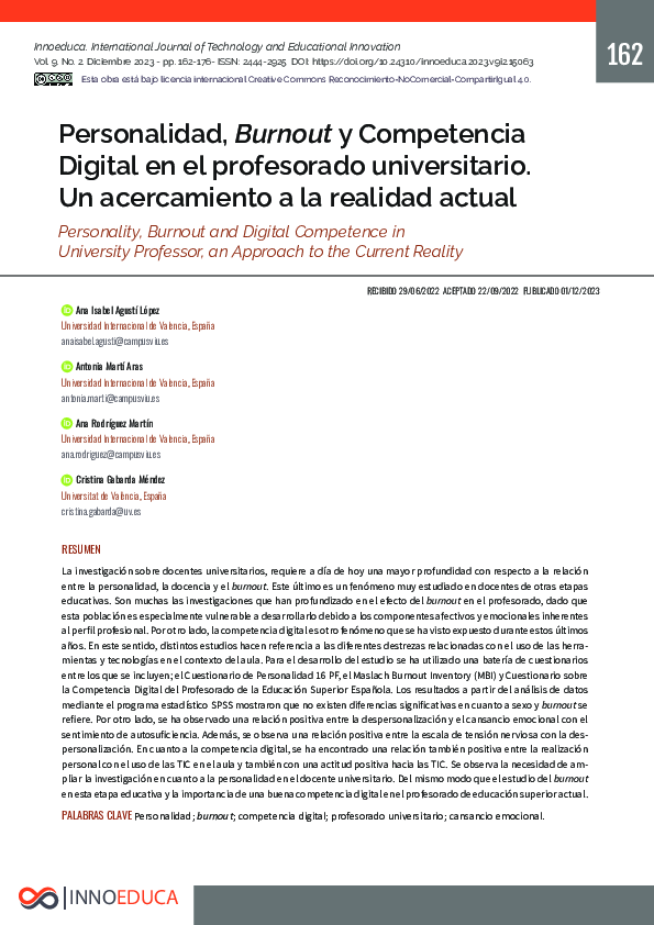 (PDF) Personalidad, Burnout y Competencia Digital en el profesorado universitario. Un ...