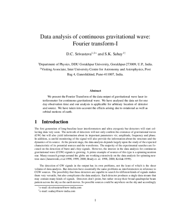 (PDF) Data analysis of continuous gravitational wave: Fourier transform - I