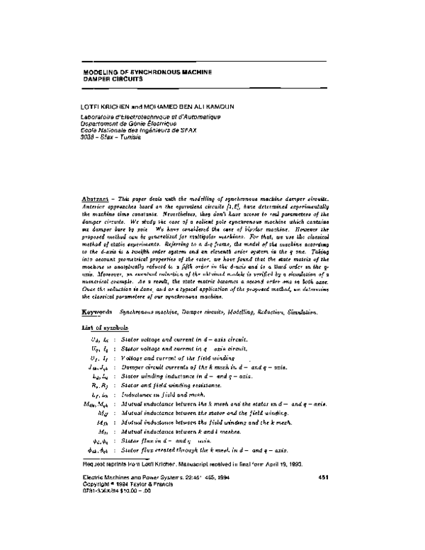 (PDF) Modeling of Synchronous Machine Damper Circuits
