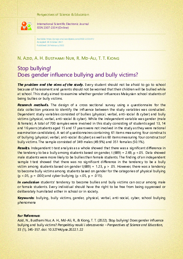 (PDF) Stop bullying! Does gender influence bullying and bully victims?
