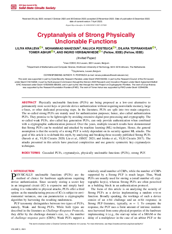 (PDF) Cryptanalysis of Strong Physically Unclonable Functions