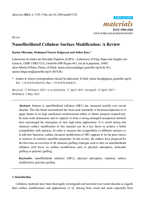 (PDF) Nanofibrillated Cellulose Surface Modification: A Review