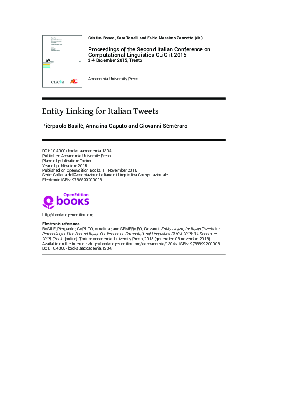 (PDF) Entity Linking for Italian Tweets
