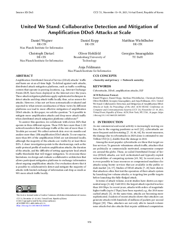 (PDF) United We Stand: Collaborative Detection and Mitigation of Amplification DDoS Attacks at ...